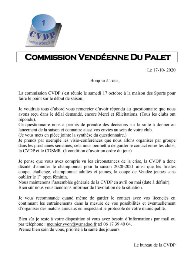 Annulation compétitions CVDP 2020/2021 - Palet FNSMR